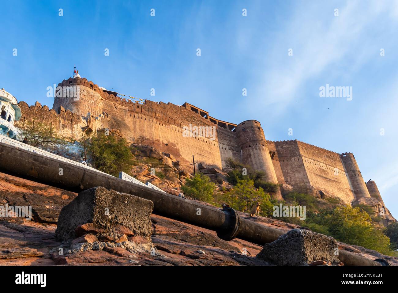 historical fort exterior wall with bright blue sky at morning form flat ...