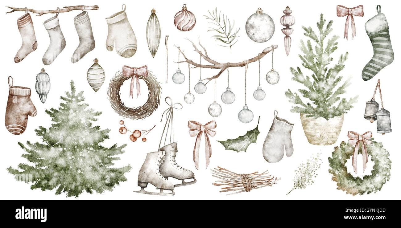 Watercolor Christmas vintage clip art. Hand drawn Xmas set decoration ...