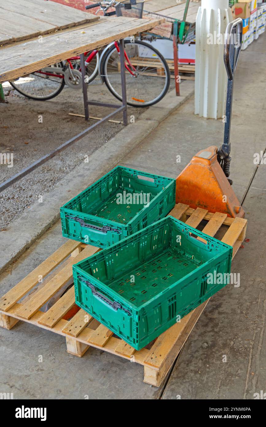 Two Empty Crates at Pallet Jack Farmers Market Transport Stock Photo ...
