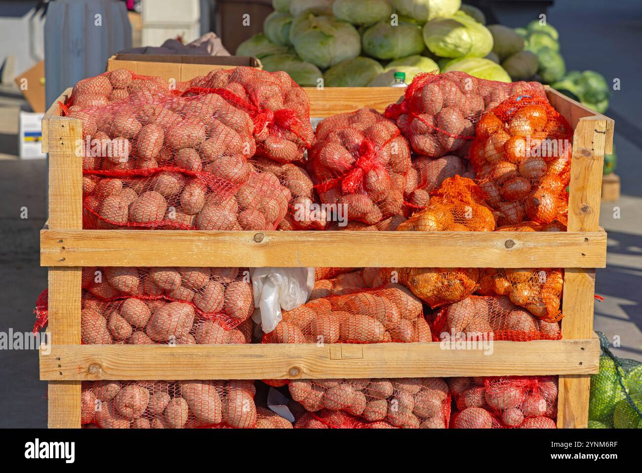 Potato in Sacks at Wooden Crate Pallet Farmers Market Stock Photo - Alamy