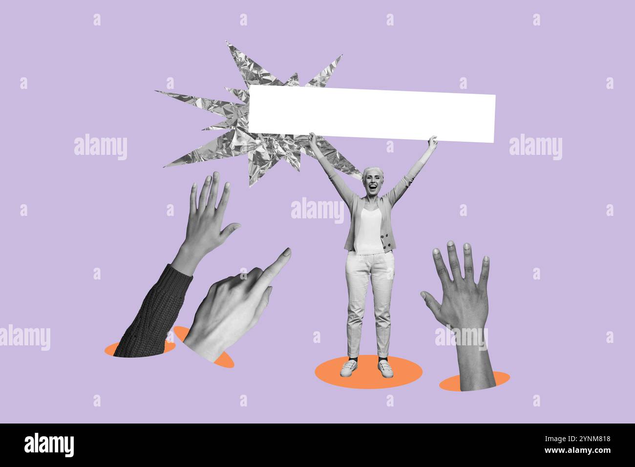 Composite photo collage of happy old woman protester hold big banner ...