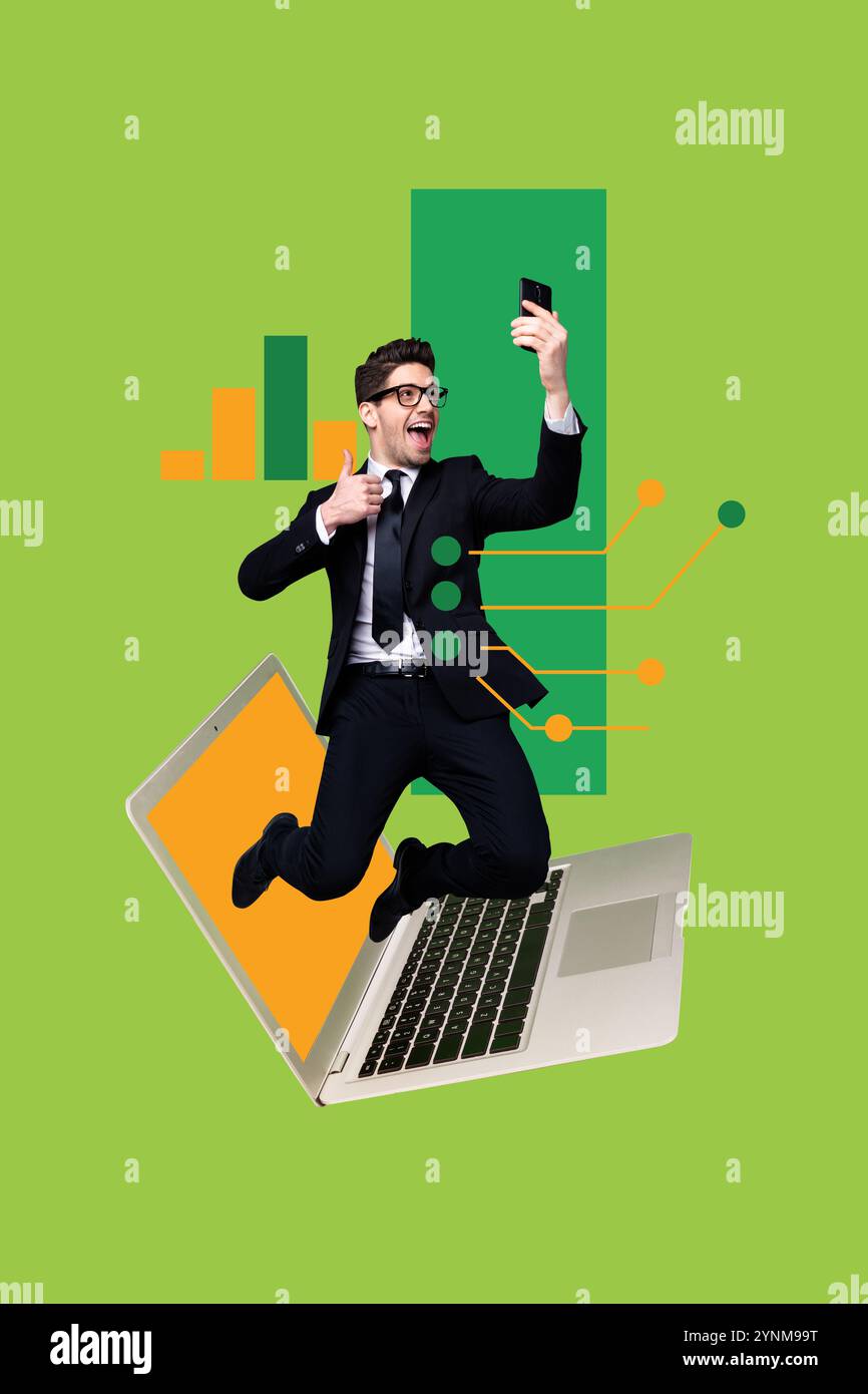 Vertical poster collage young businessman entrepreneur laptop digital ...