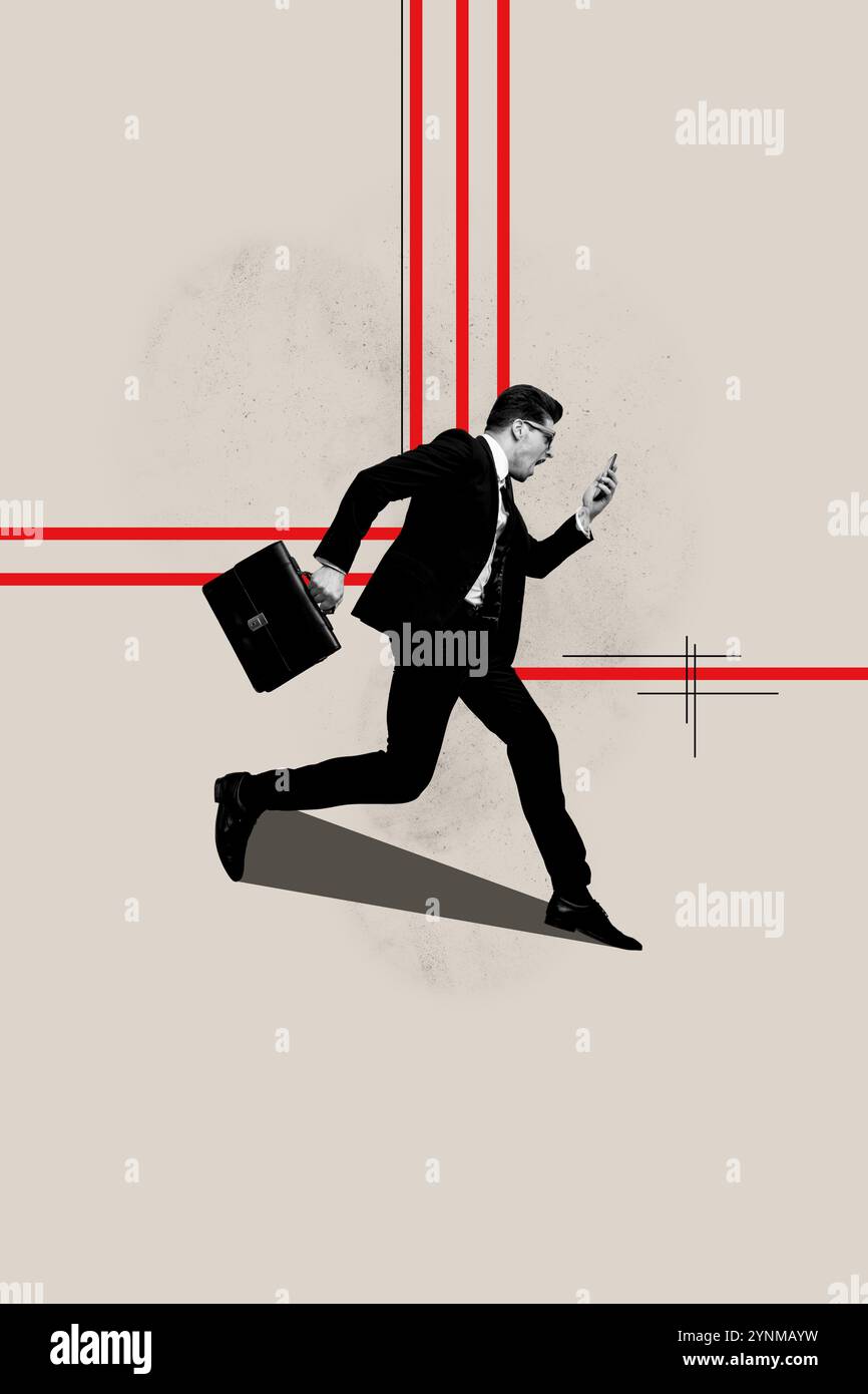 Vertical photo collage of angry businessman late work run carry ...