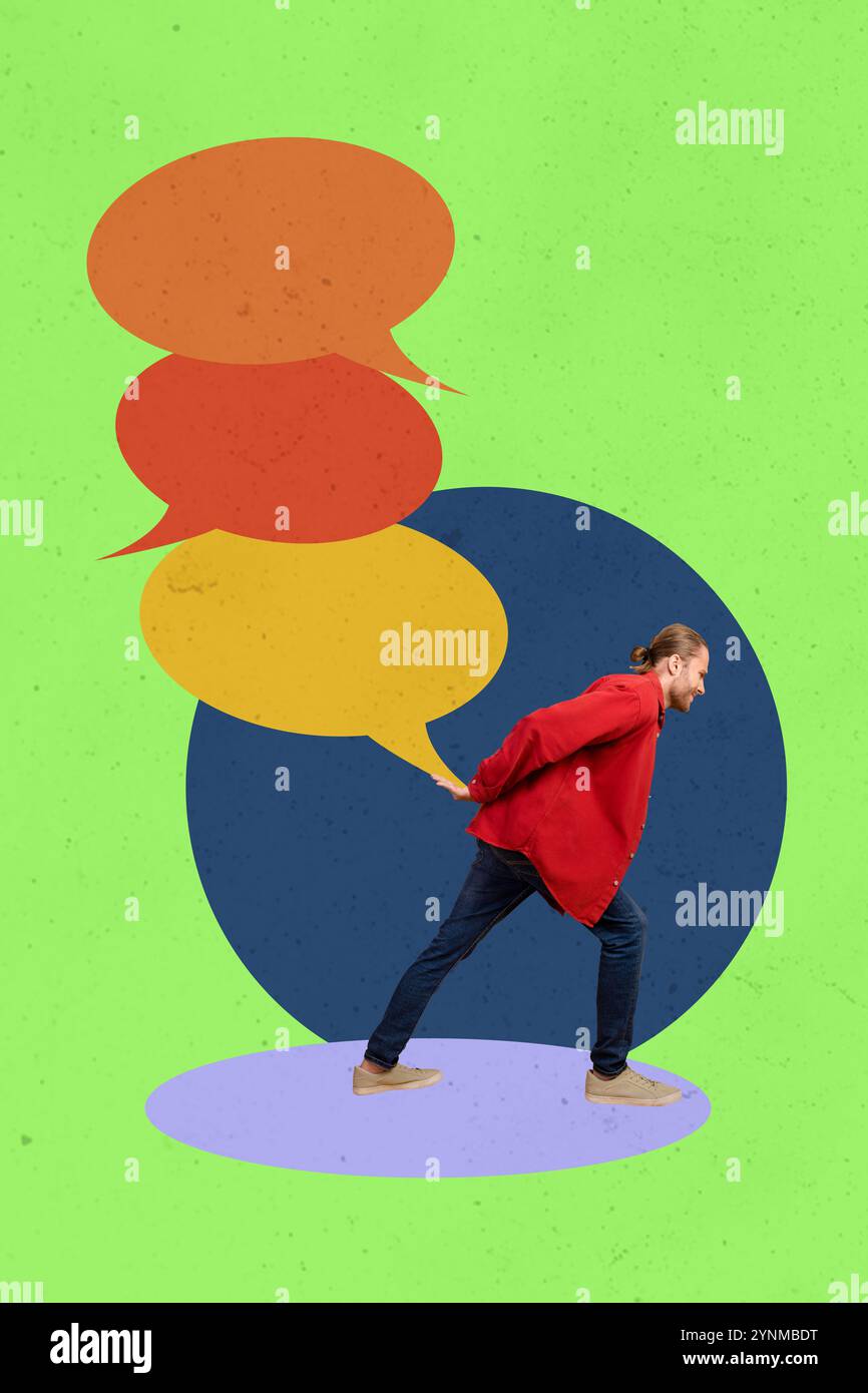 Vertical photo collage of dissatisfied man carry colorful bubble ...