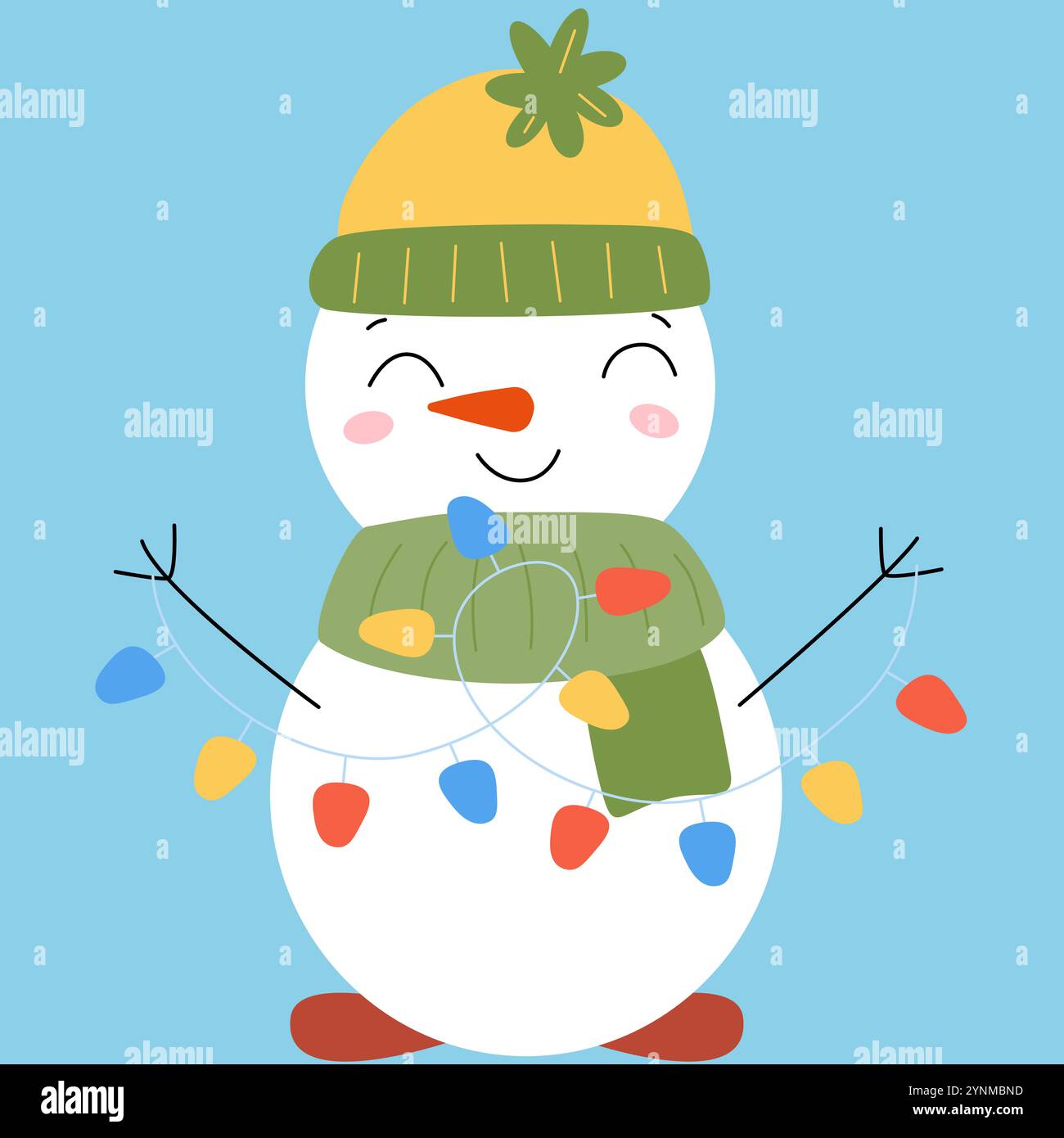 Christmas cute snowmen in hat and scarf with garland. New year ...