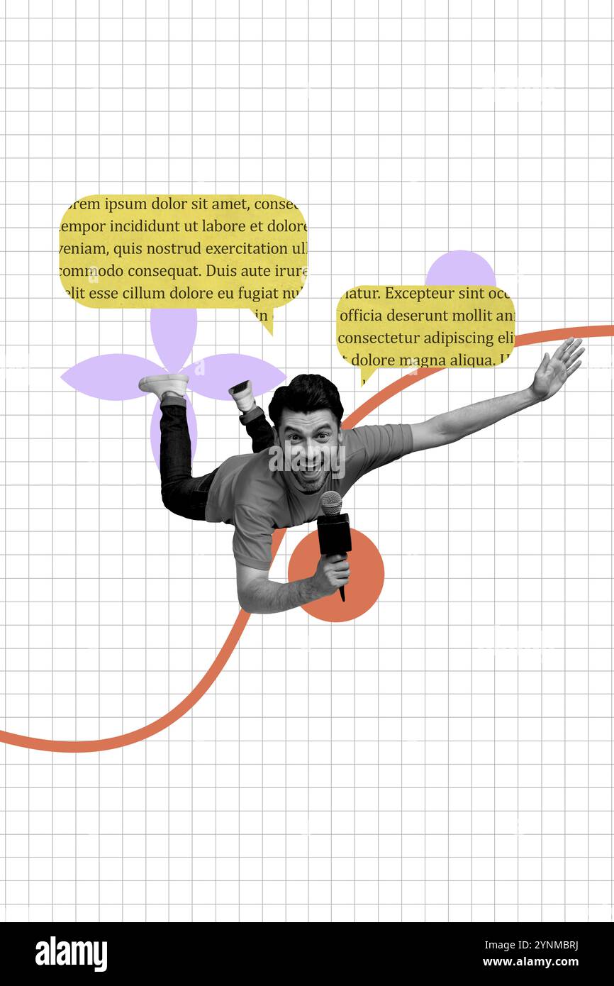 Vertical collage image young man flight microphone journalist textbox ...
