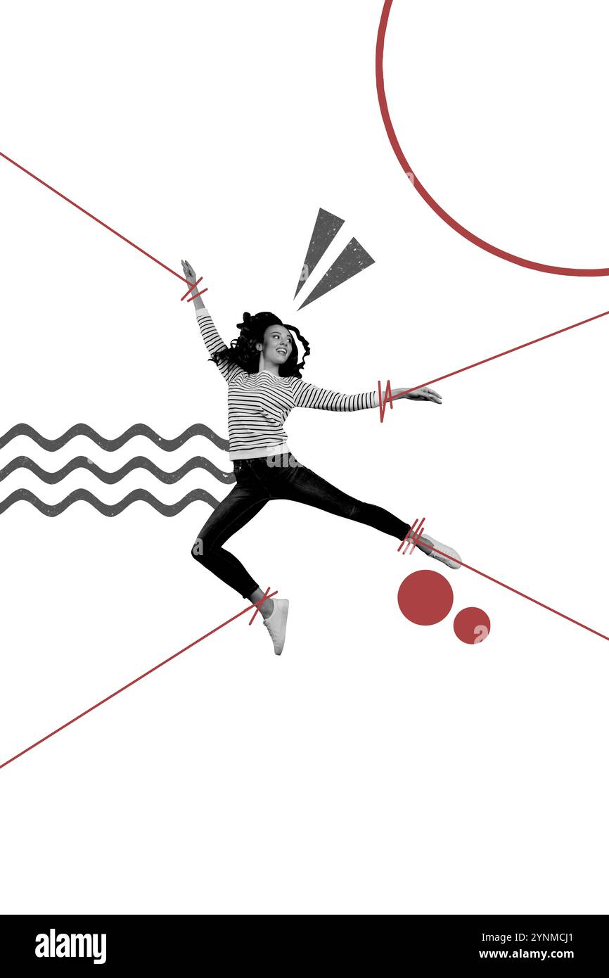 Vertical photo collage of happy girl taped hands legs marionette ...