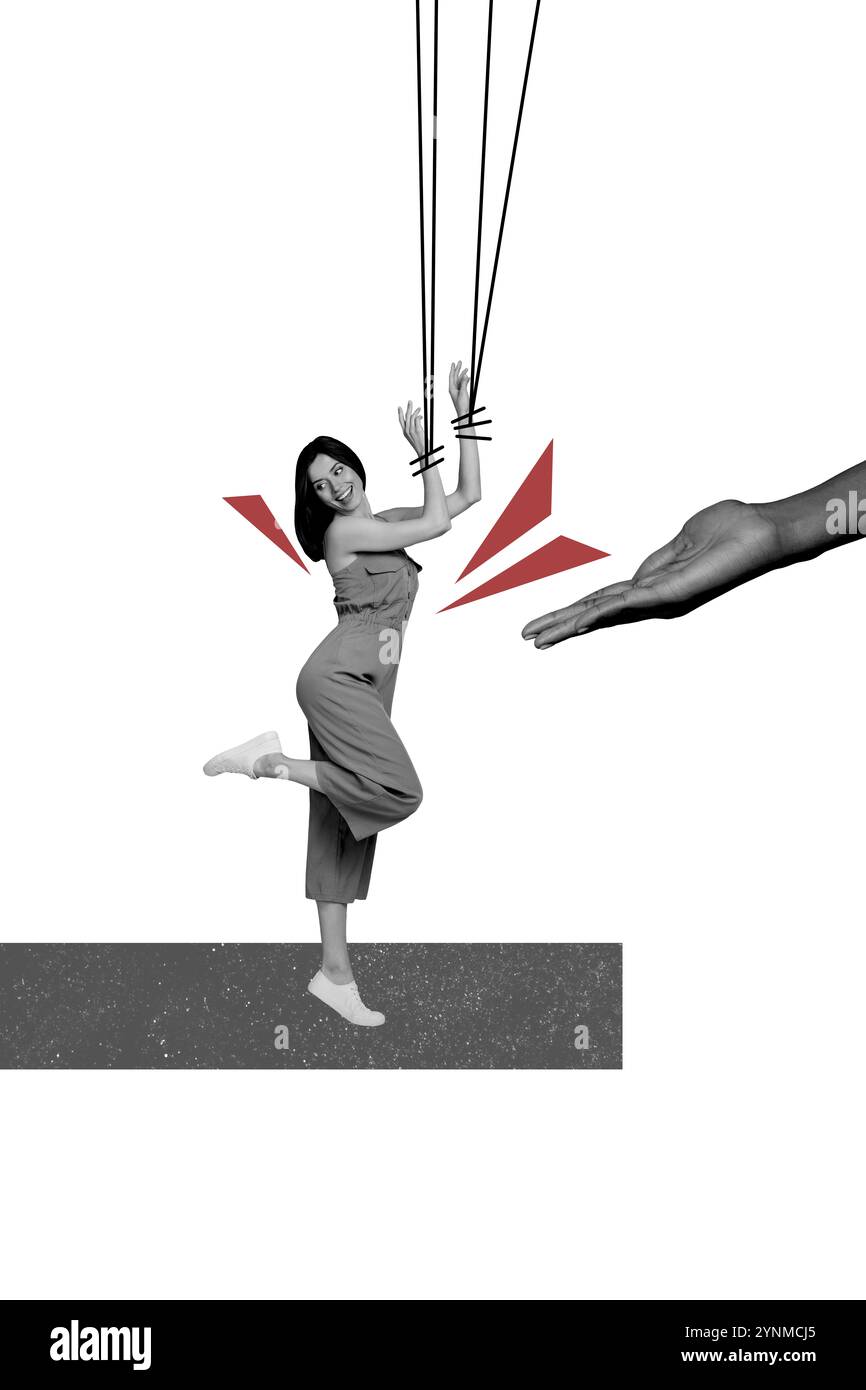 Vertical photo collage of happy marionette girl wear string handcuffs ...