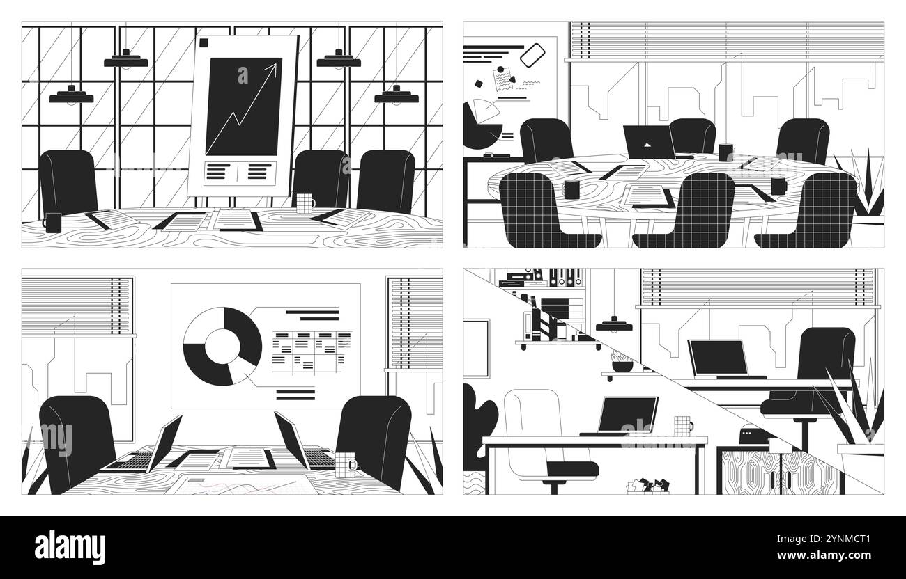 Boardroom table meeting room black and white line illustrations set ...