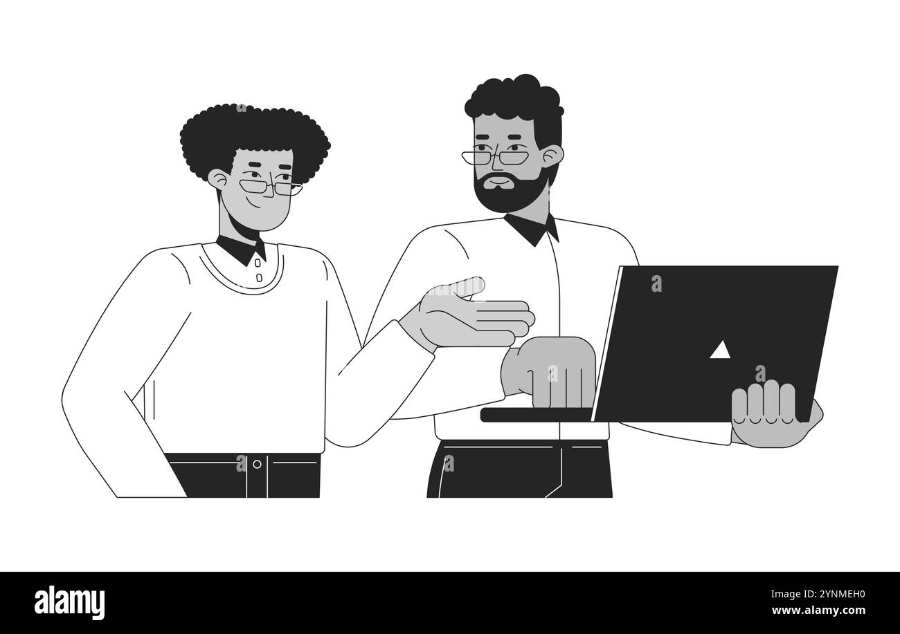 Diverse colleagues interaction laptop black and white 2D line ...