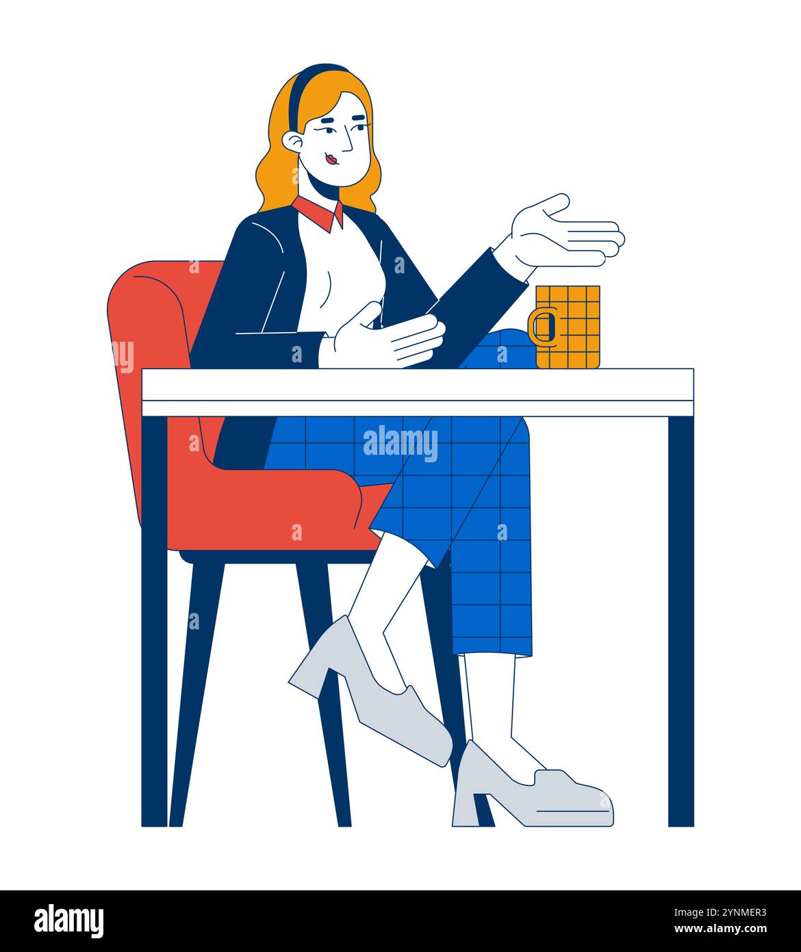 Business casual blonde woman sitting at desk with coffee cup 2D cartoon ...