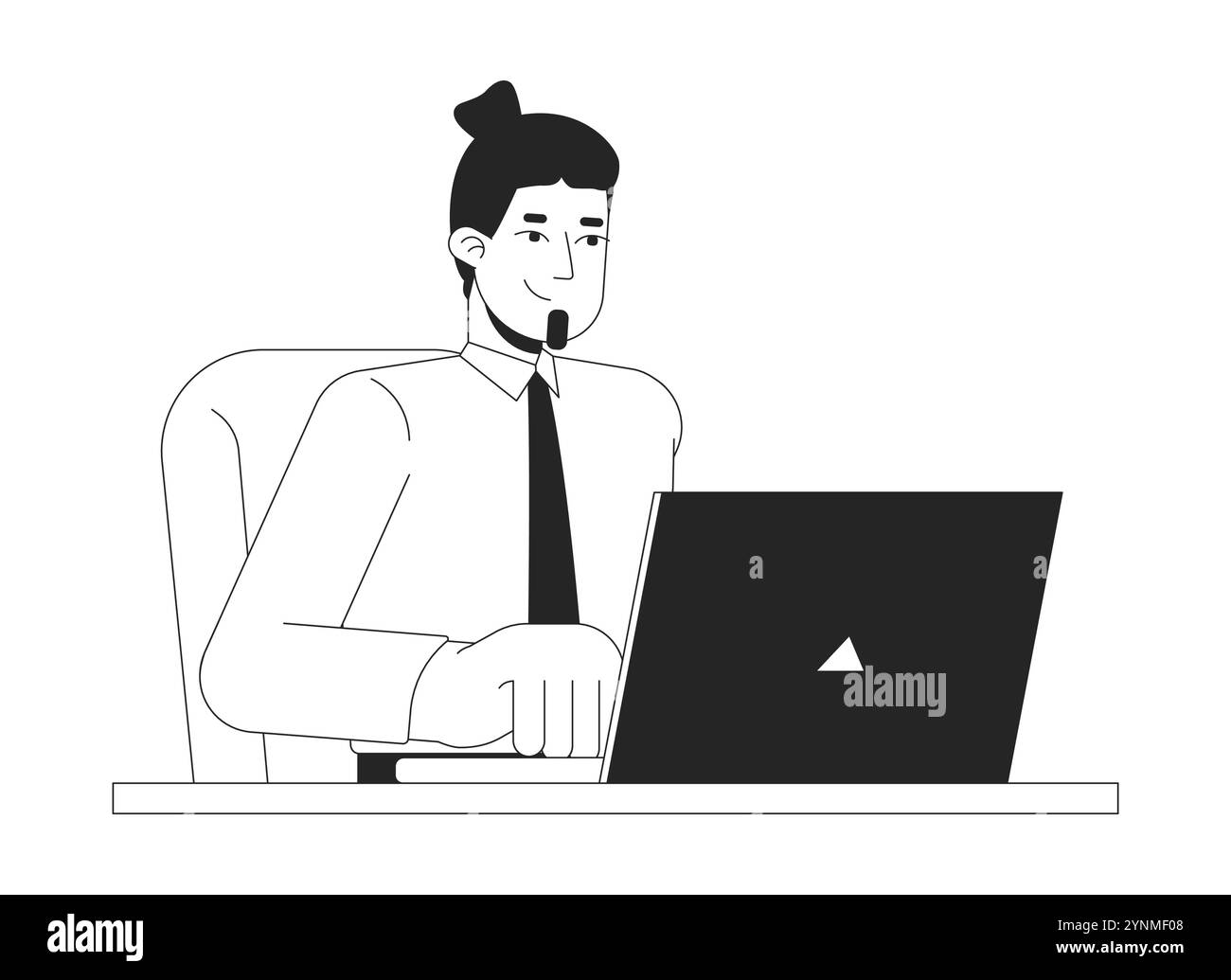 Positive office worker caucasian man typing laptop black and white 2D ...