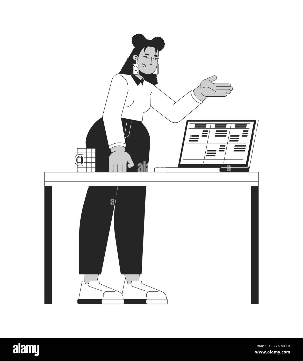 Latina office worker explaining data table on laptop black and white 2D ...