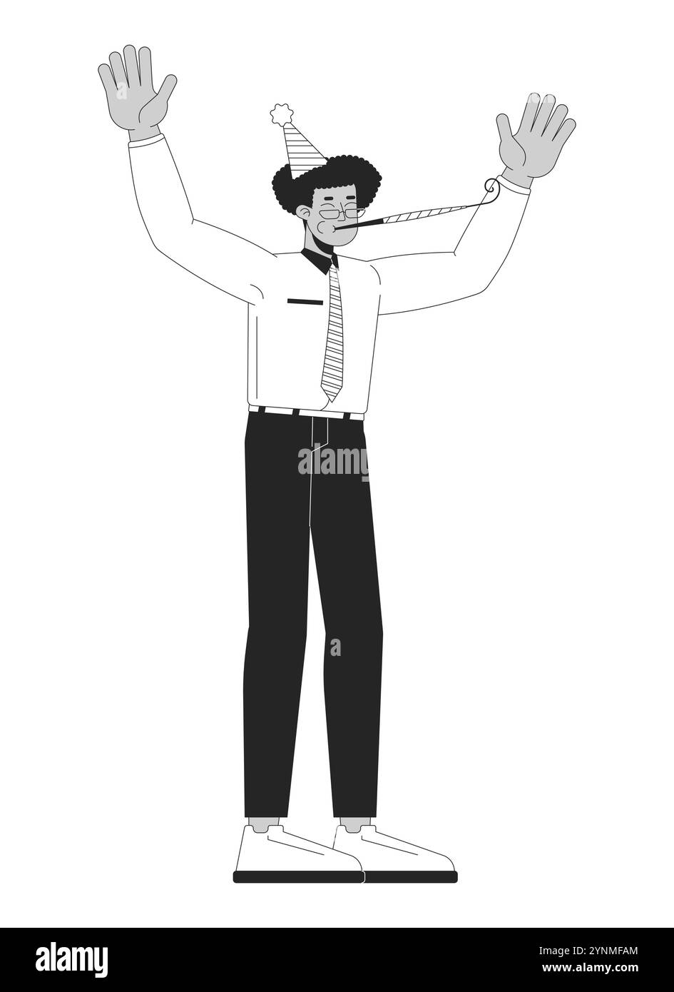Hispanic office worker blowing into party horn black and white 2D line ...
