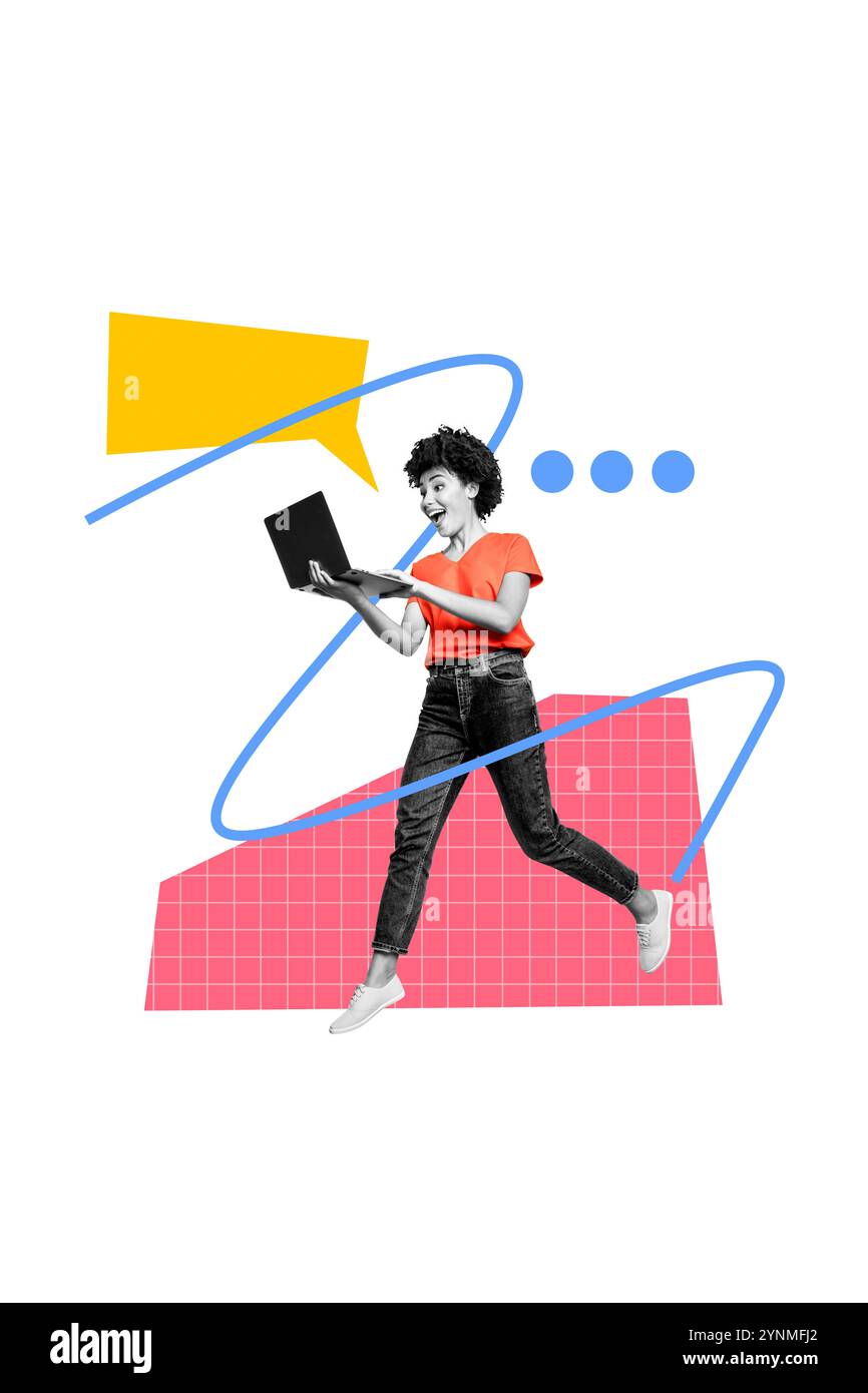 Vertical poster collage young woman laptop digital device internet ...