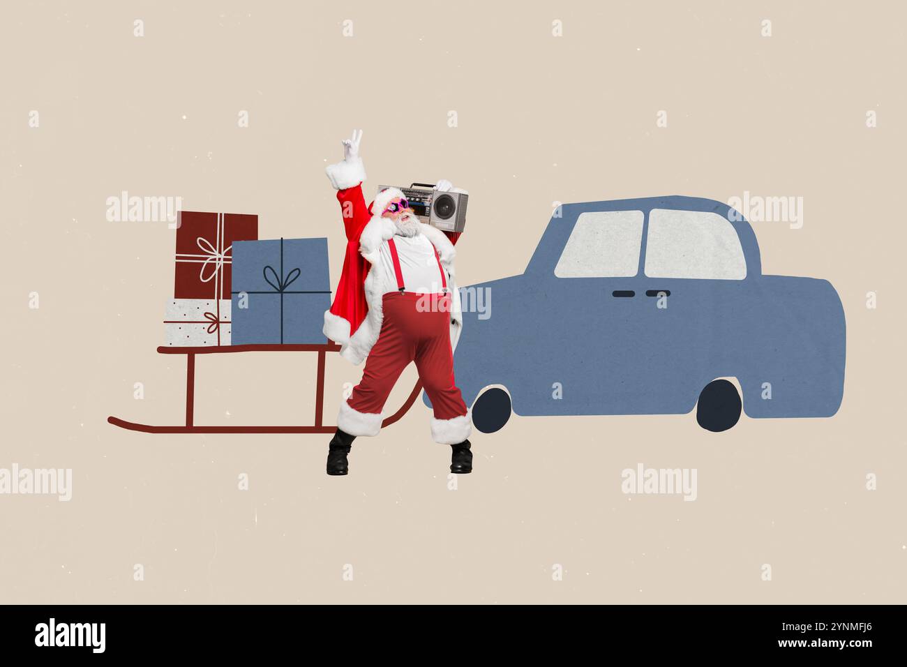 Trendy art photo collage of happy cool santa claus man hold boombox ...