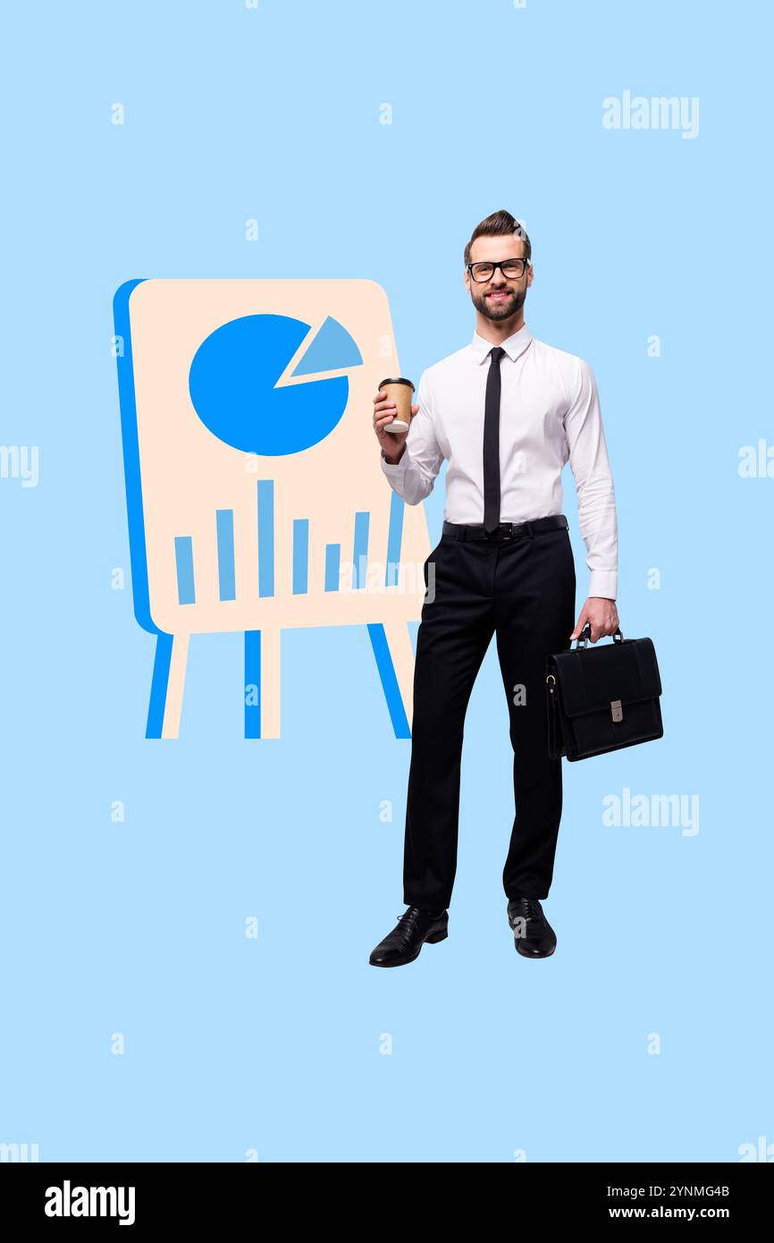Vertical photo collage of happy businessman hold coffee cup briefcase ...