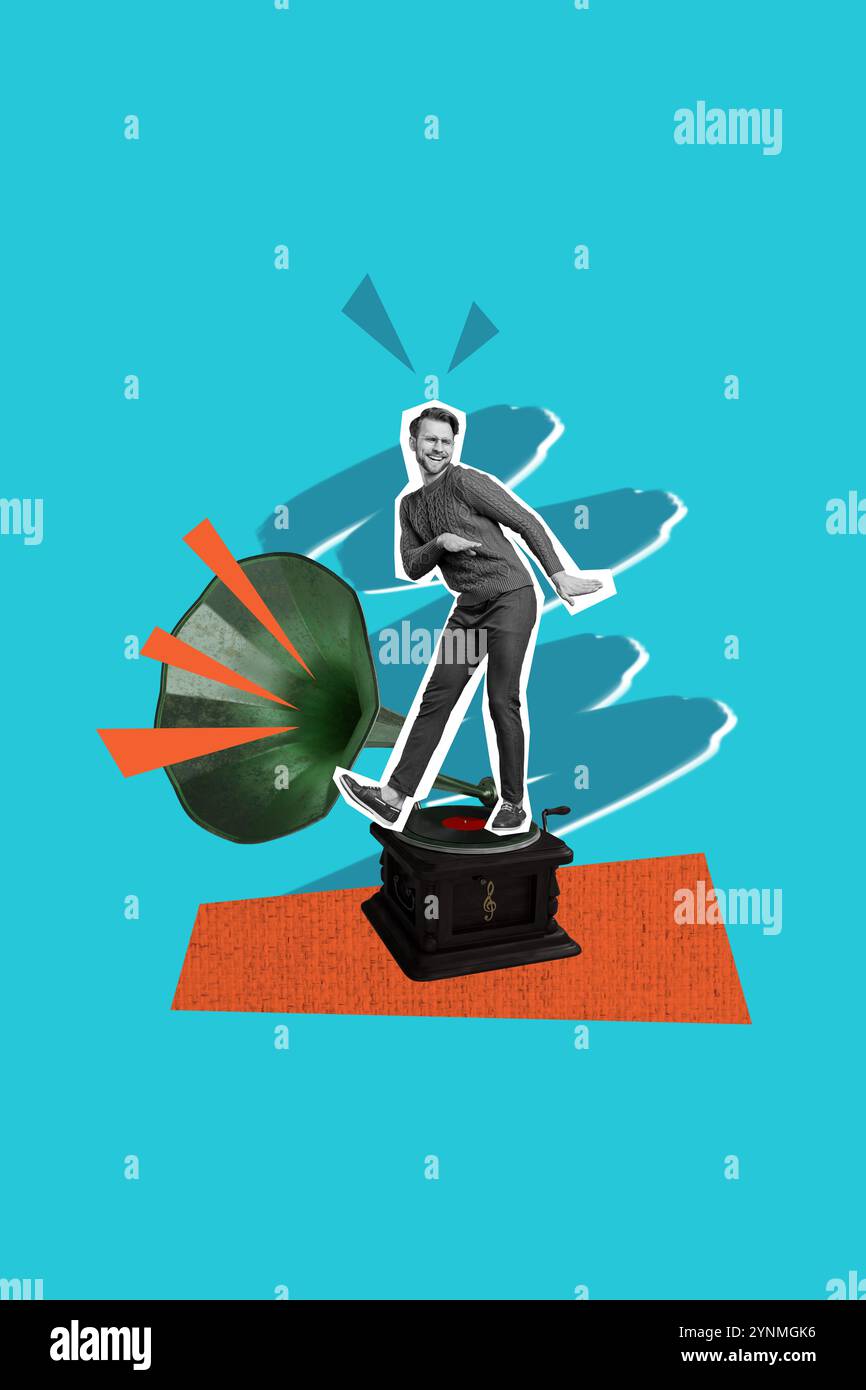 Creative trend collage of dancing have fun vinyl record weird freak ...