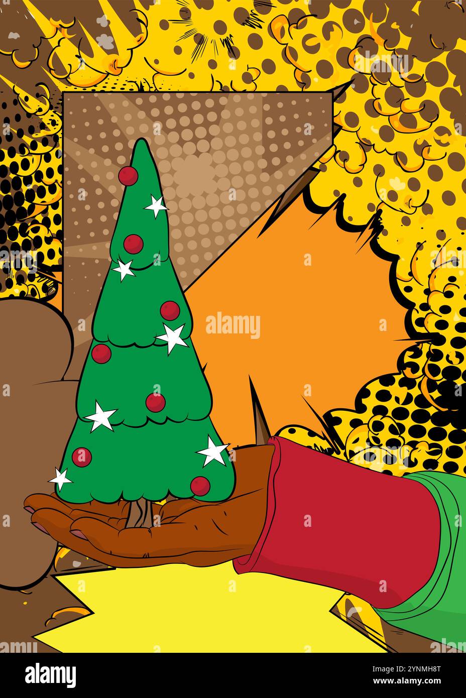 Cartoon, comic book human hands holding Christmas decorated pine tree ...