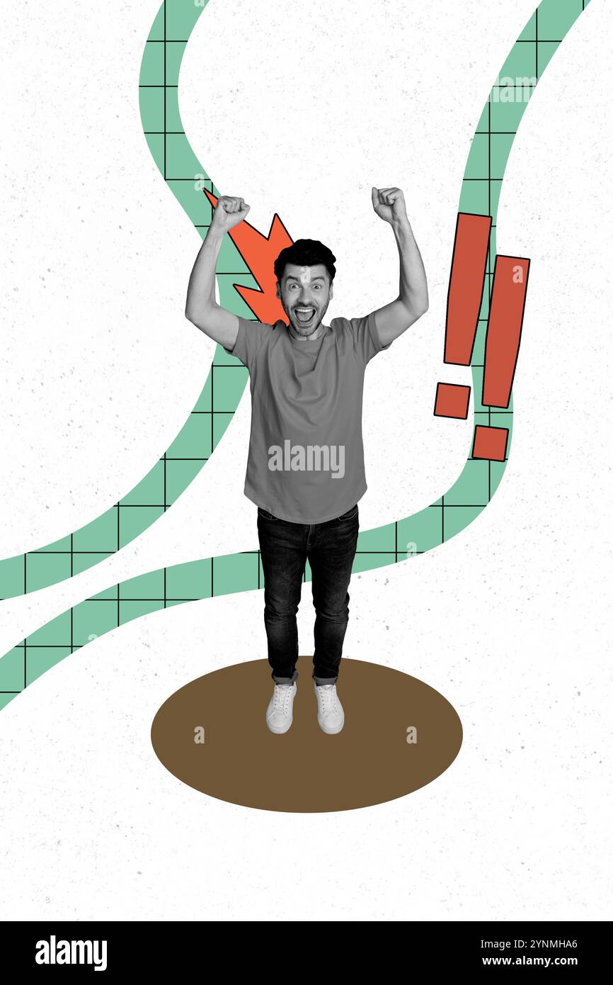 Vertical poster collage young energetic man celebrate victory success ...