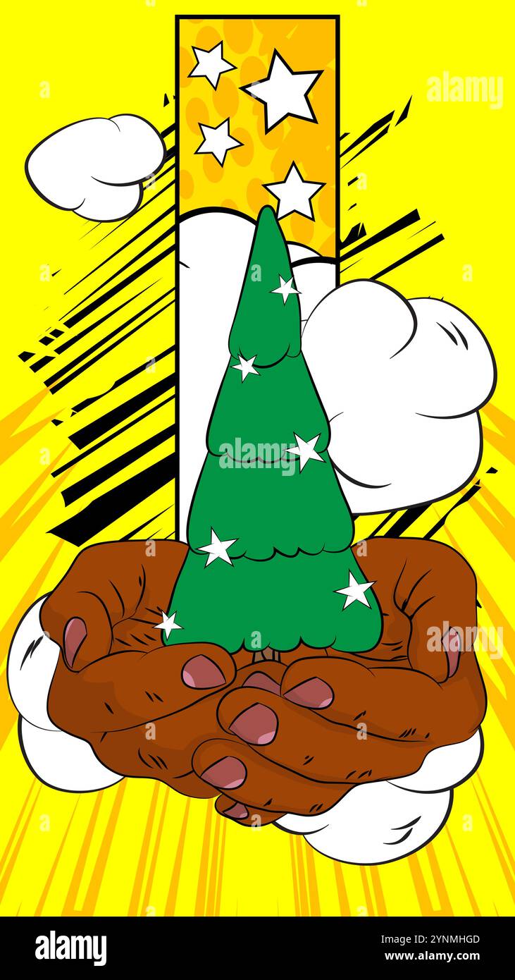 Cartoon, comic book human hands holding Christmas decorated pine tree ...