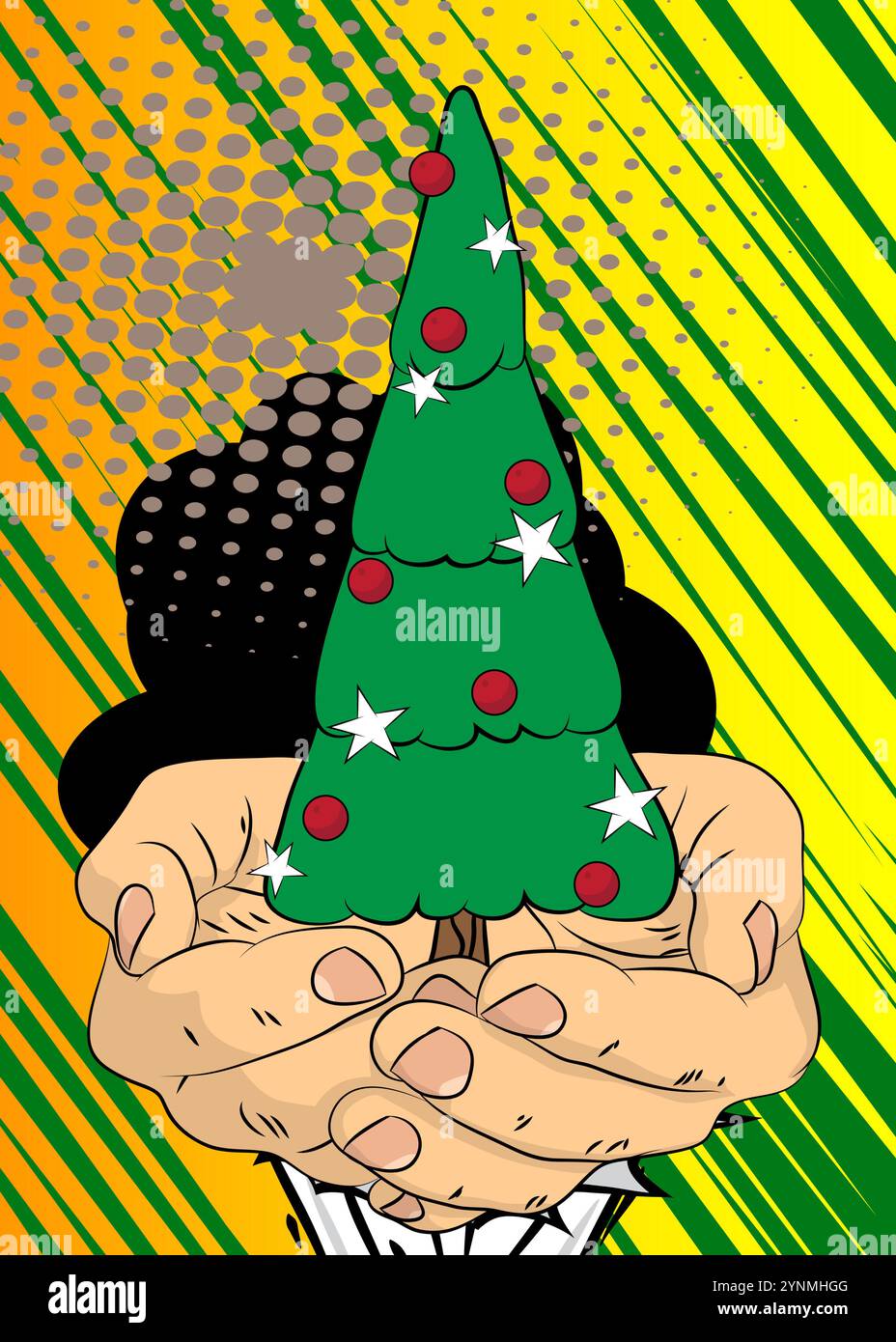 Cartoon, comic book human hands holding Christmas decorated pine tree ...