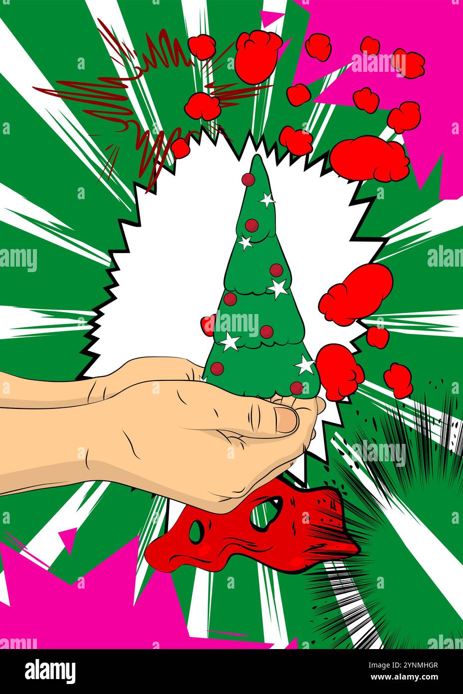 Cartoon, comic book human hands holding Christmas decorated pine tree ...