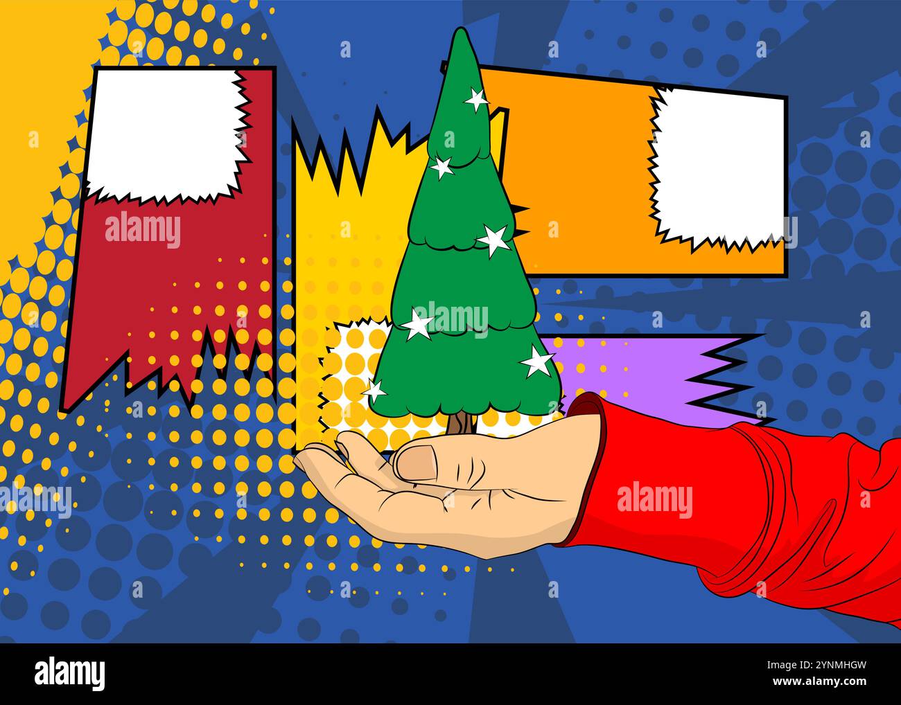 Cartoon, comic book human hands holding Christmas decorated pine tree ...