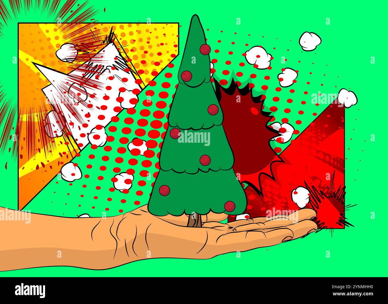 Cartoon, comic book human hands holding Christmas decorated pine tree ...
