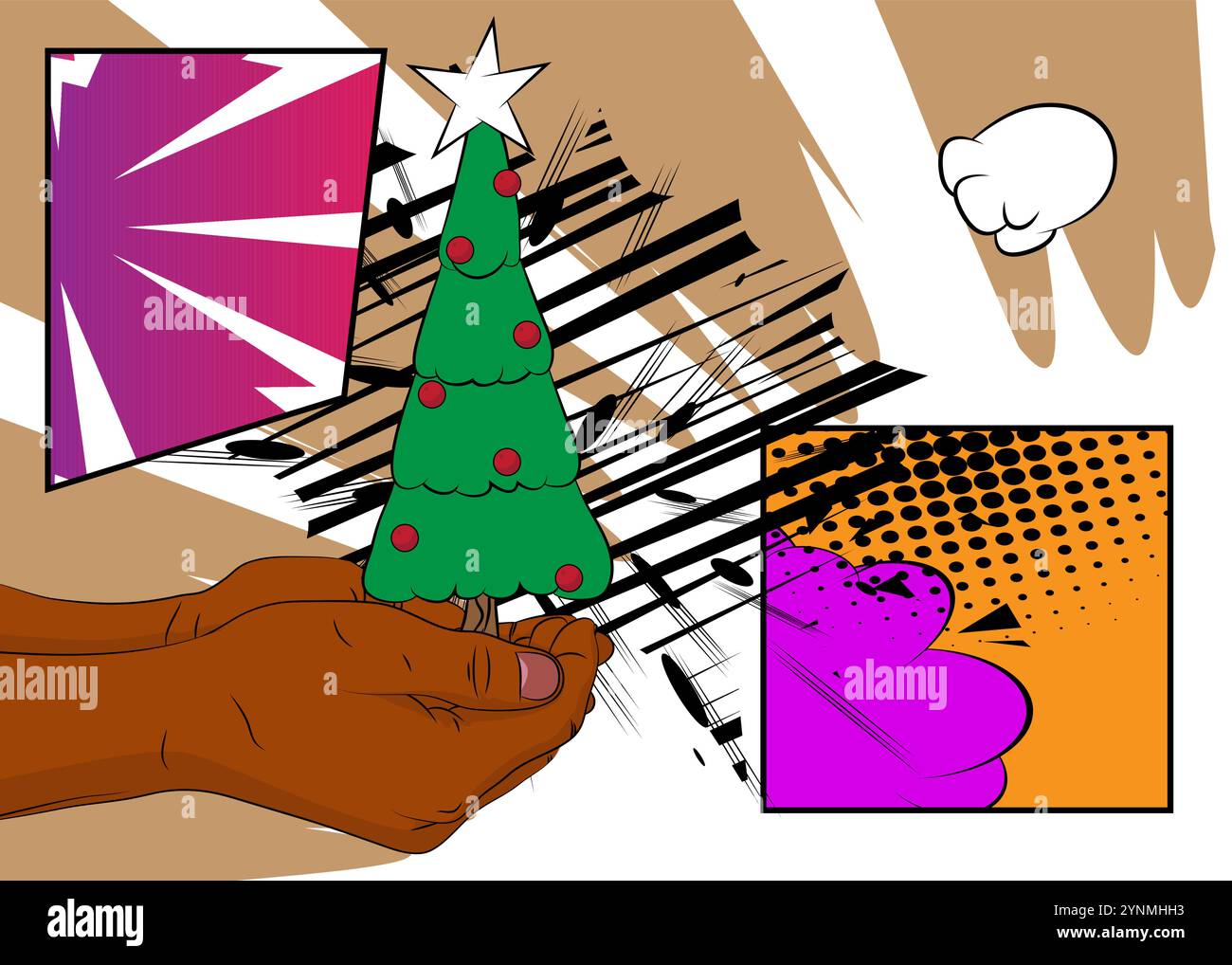 Cartoon, comic book human hands holding Christmas decorated pine tree ...