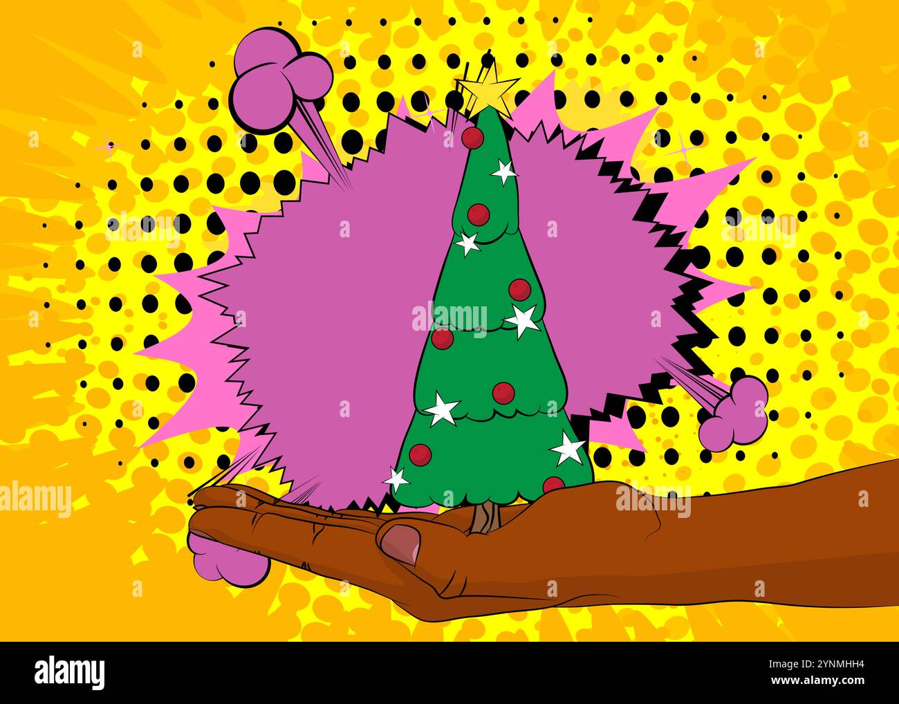Cartoon, comic book human hands holding Christmas decorated pine tree ...
