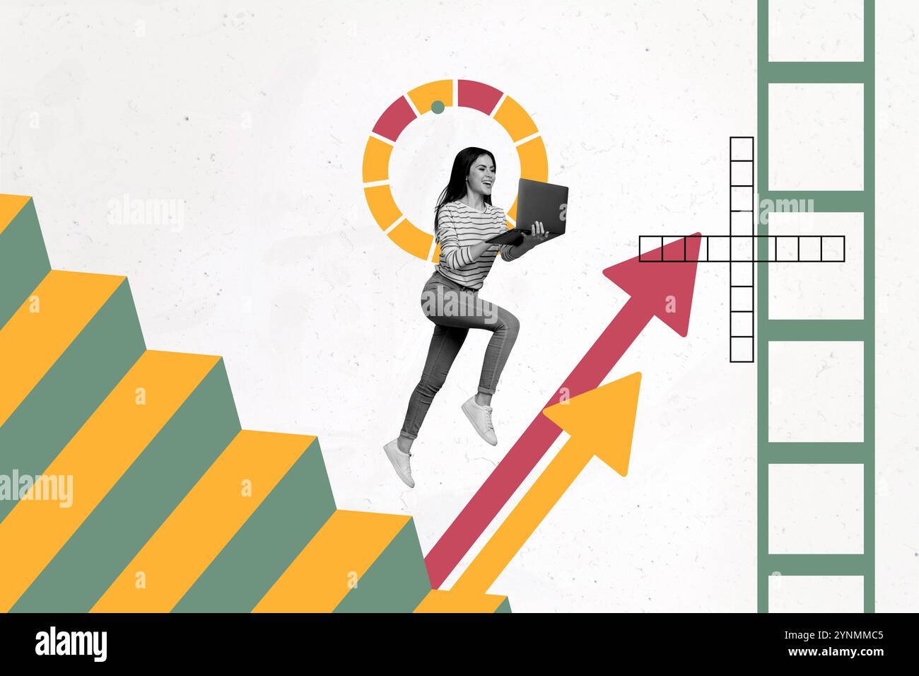 Composite photo collage of happy business girl surf laptop arrow ...