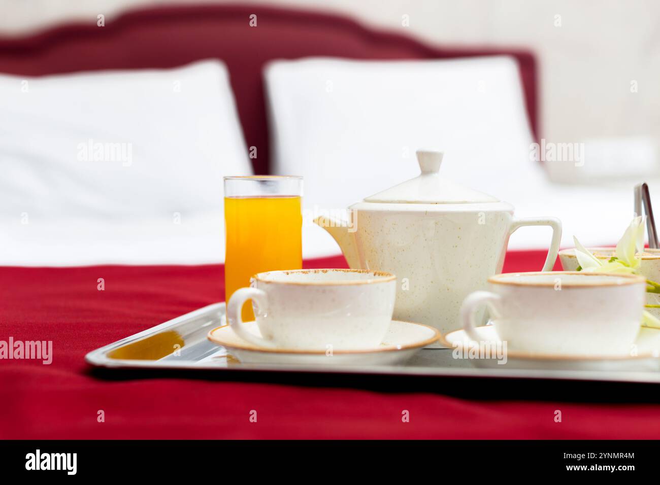 Breakfast in bed in hotel room Stock Photo - Alamy