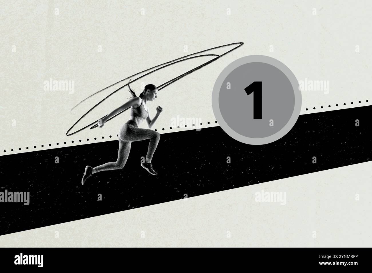 Composite photo collage of serious girl run marathon leader first place ...