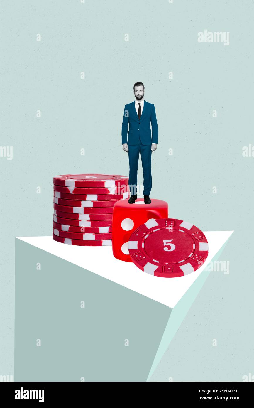 Vertical poster collage young man entrepreneur businessman dealer chips ...