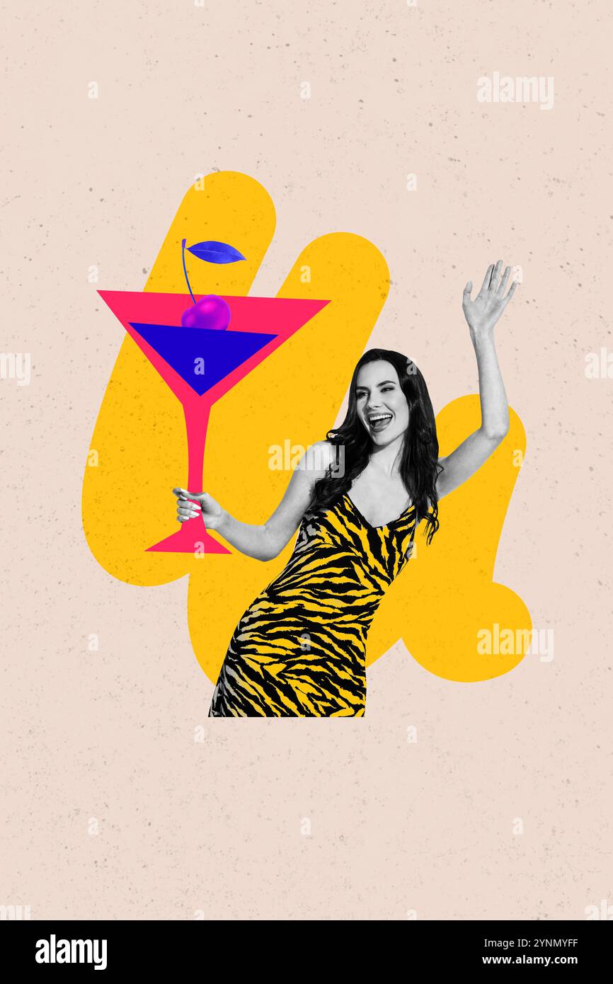 Vertical poster collage young cheerful woman entertainment party bar ...