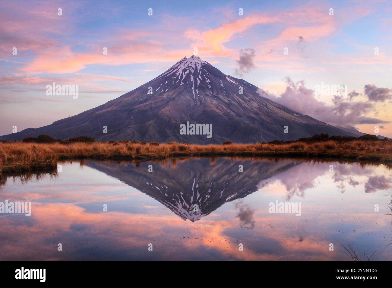 Mount Taranaki at the Pouakai Tarn at sunset, Egmont National Park, New ...