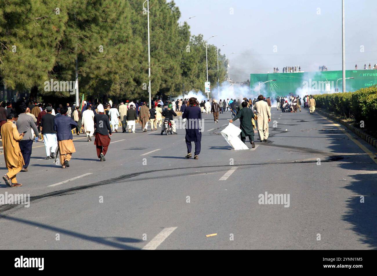 View of site during clash between security officials and protesters ...