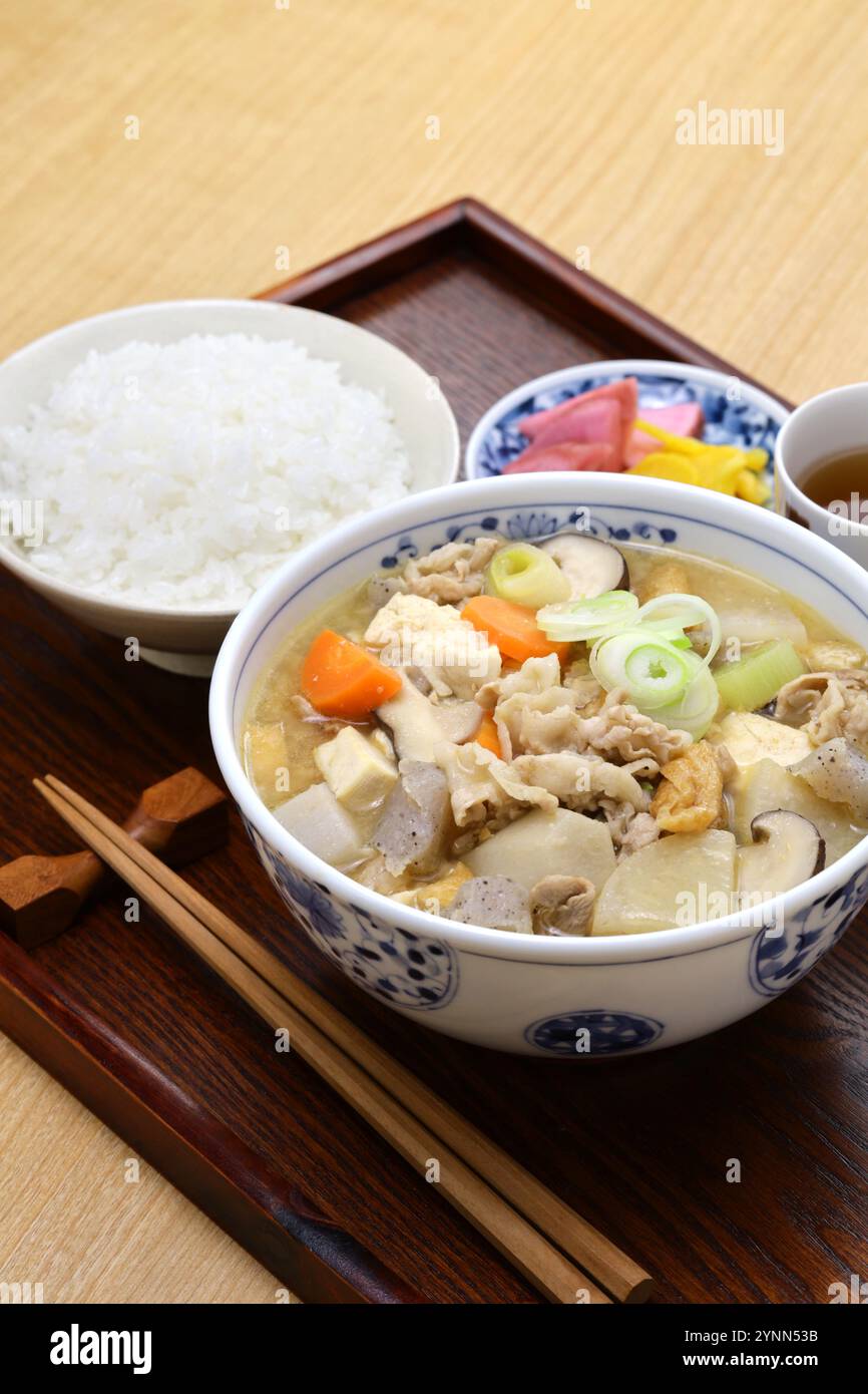 Tonjiru ( pork and vegetables miso soup ) set meal, Japanese food Stock ...
