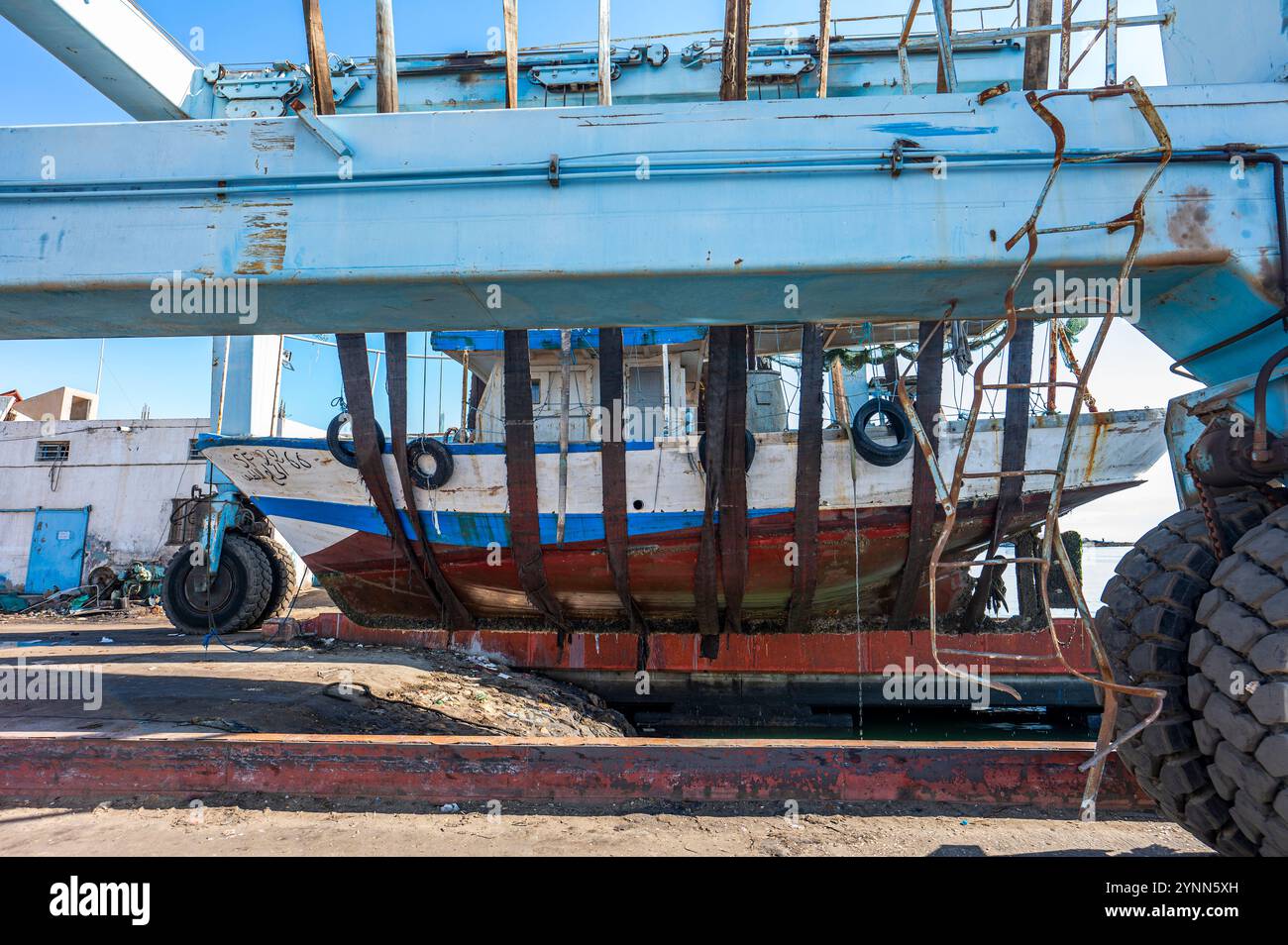 Sfax Tunisia - November 12, 2024: Crane for lifting boats from the ...