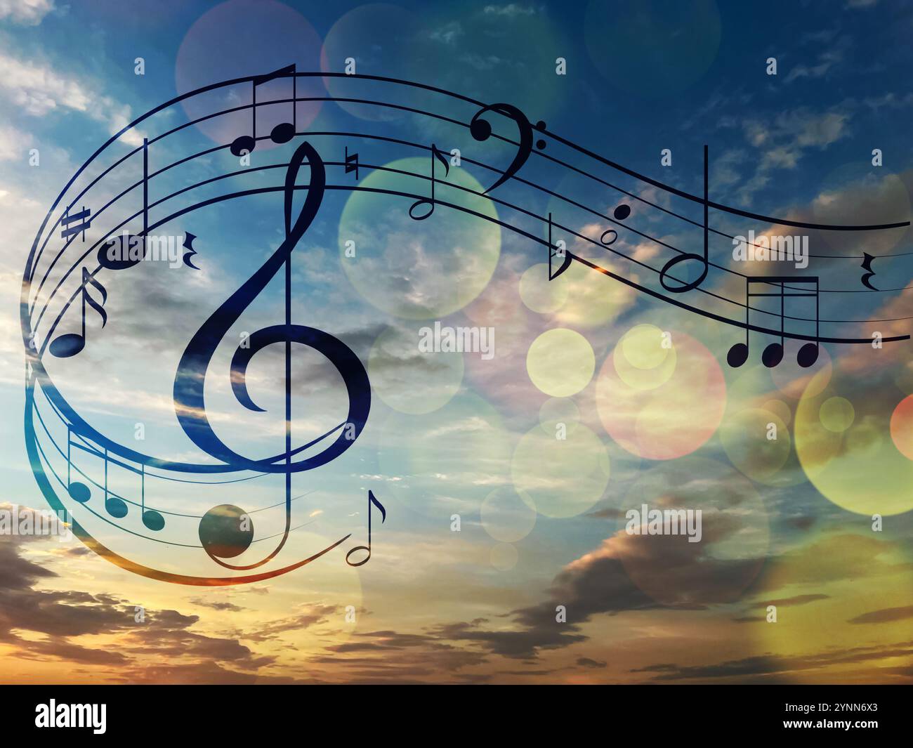 Musical symbols in beautiful sunset sky with clouds Stock Photo - Alamy