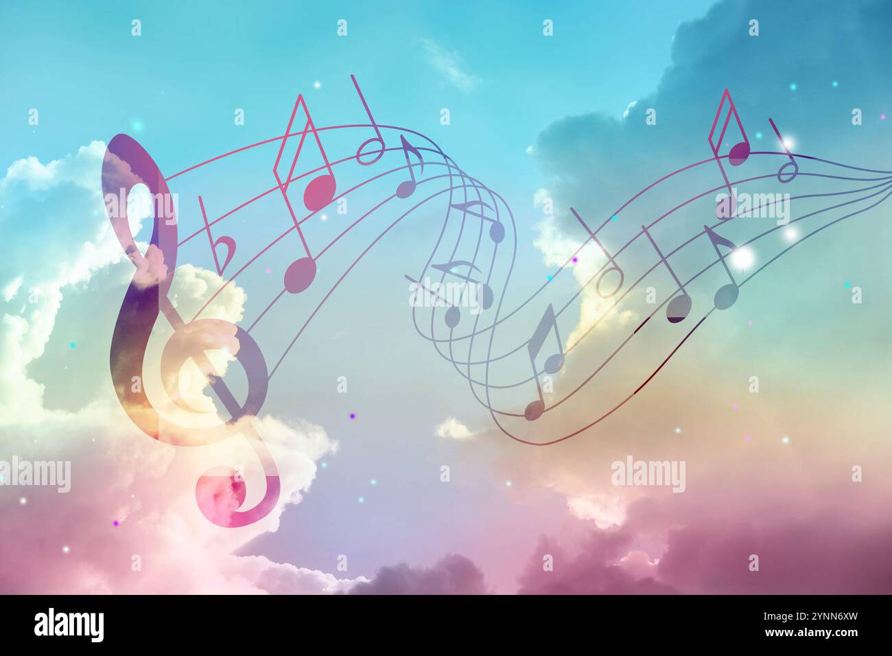 Musical symbols in beautiful sky with clouds, color toned Stock Photo ...