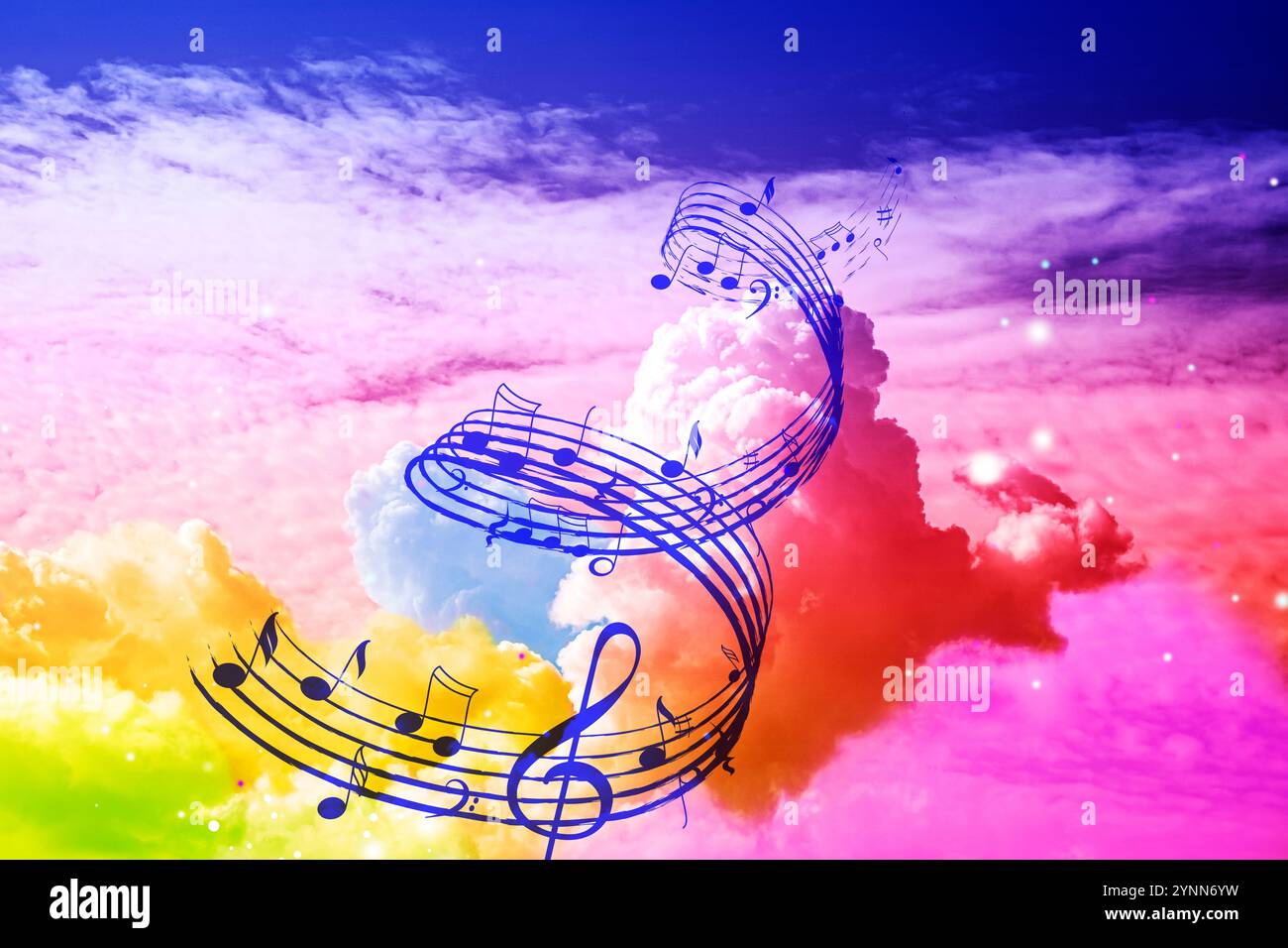 Musical symbols in beautiful sky with clouds, color toned Stock Photo ...