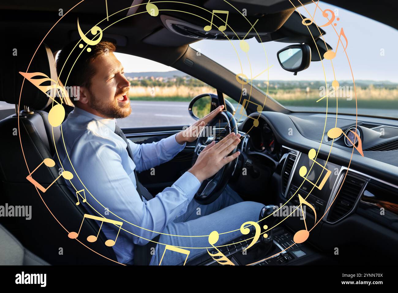 Man singing in car, view from inside. Music notes flying near him Stock ...