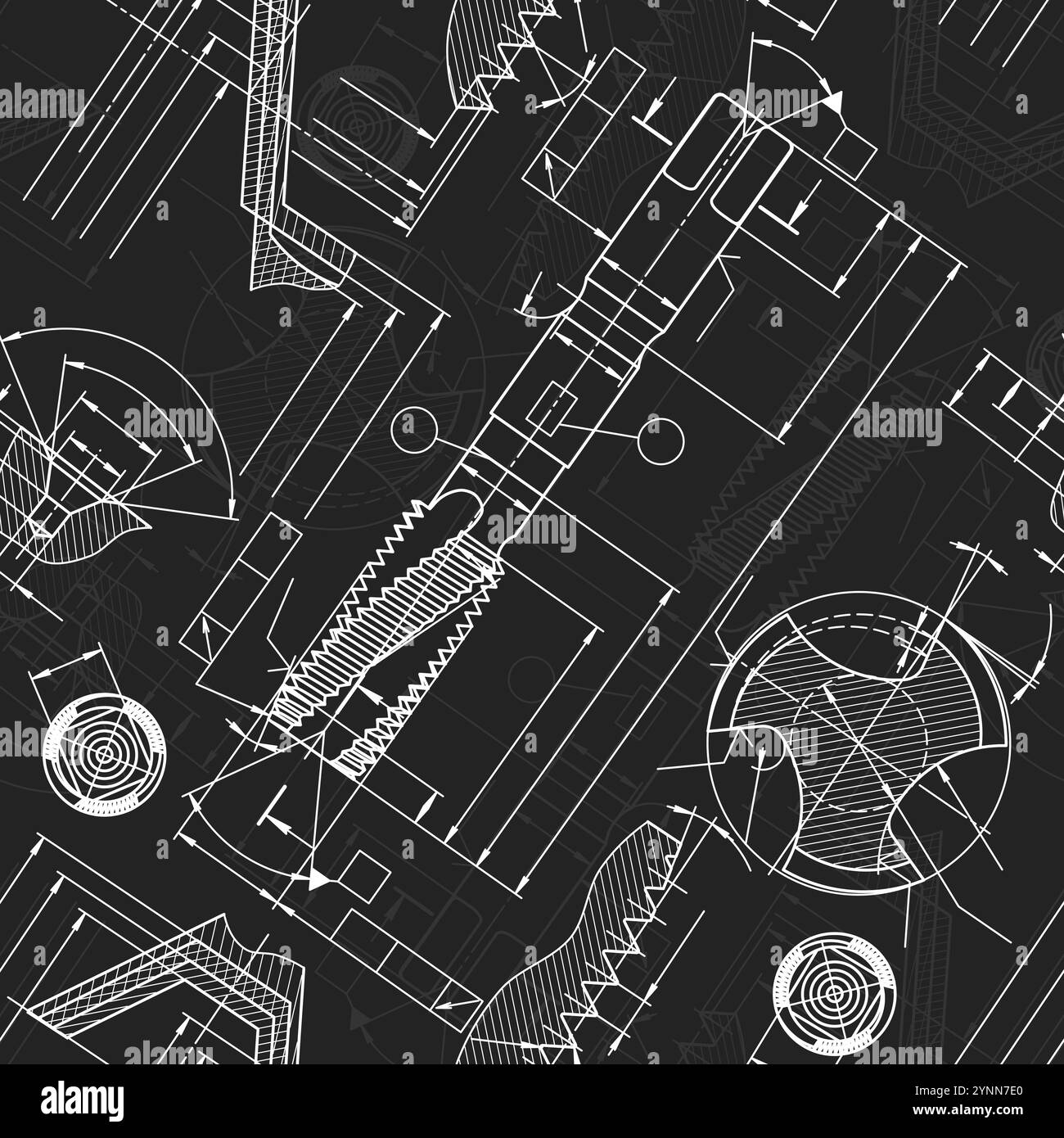 Mechanical engineering drawings on black background. Tap tools, borer ...