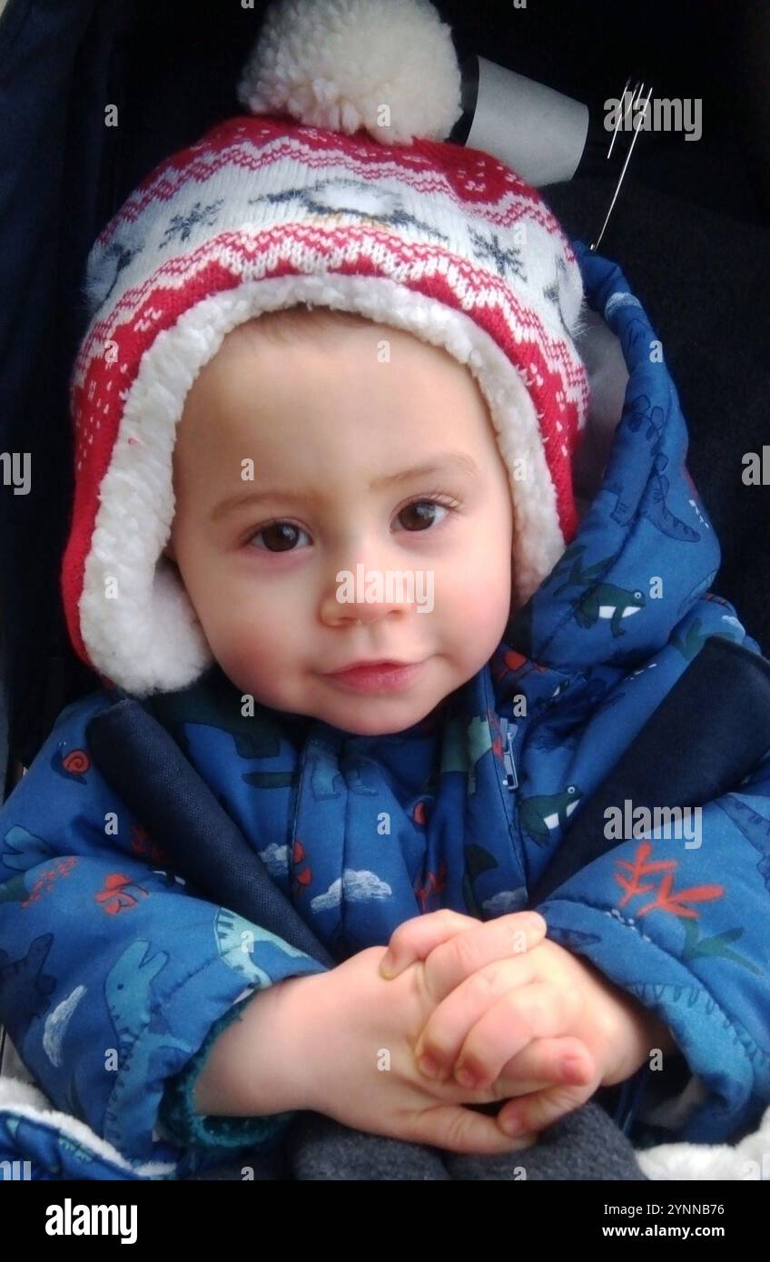 Toddler looking at the camera with his hands on the front. Winter ...