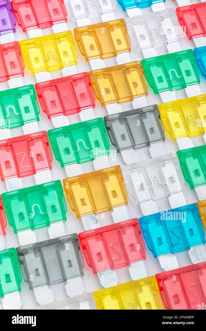 Neatly arranged mass of colourful automotive plug-in car fuses in their ...