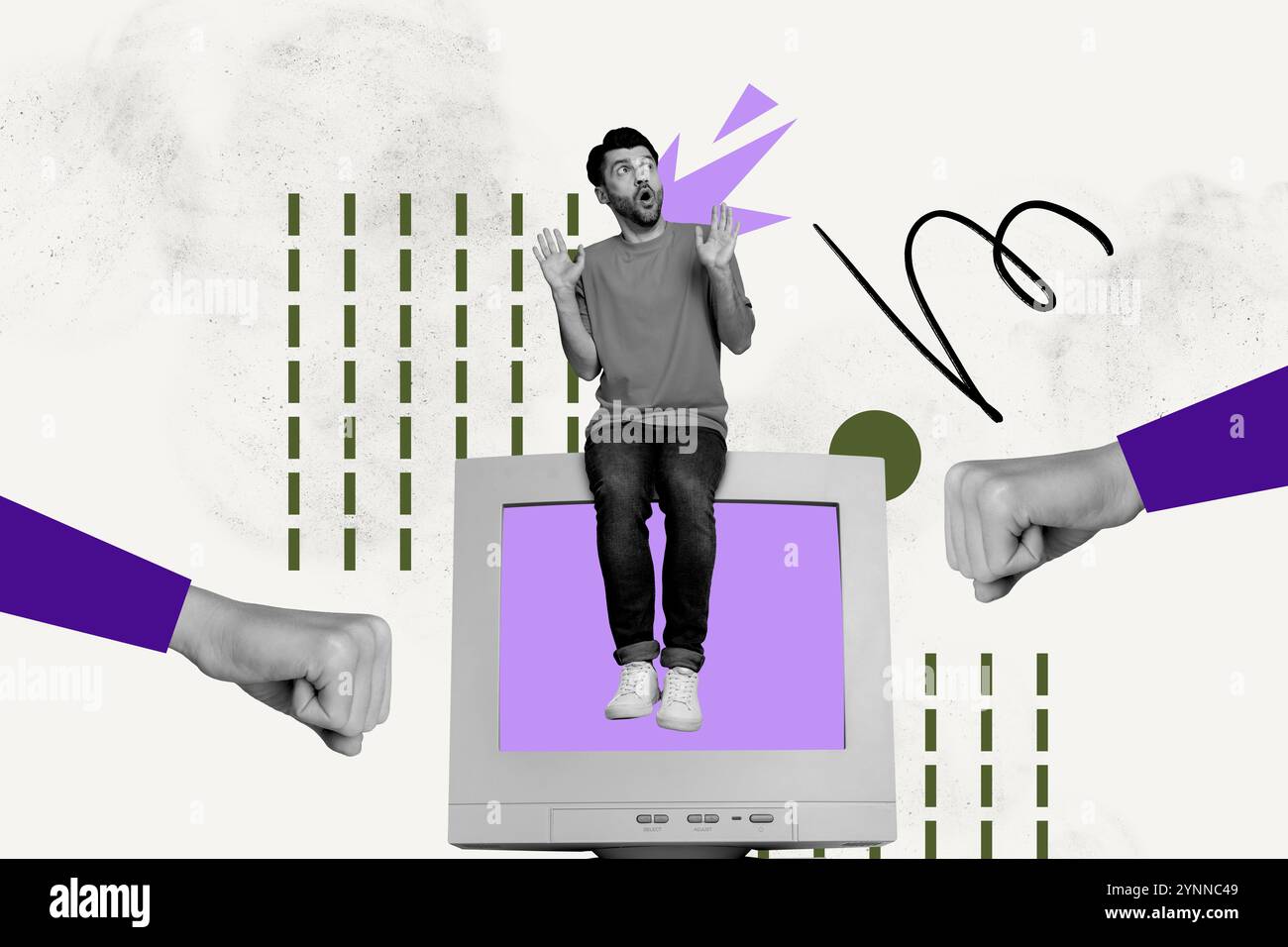 Collage young man computer digital device screen cyberbullying ...