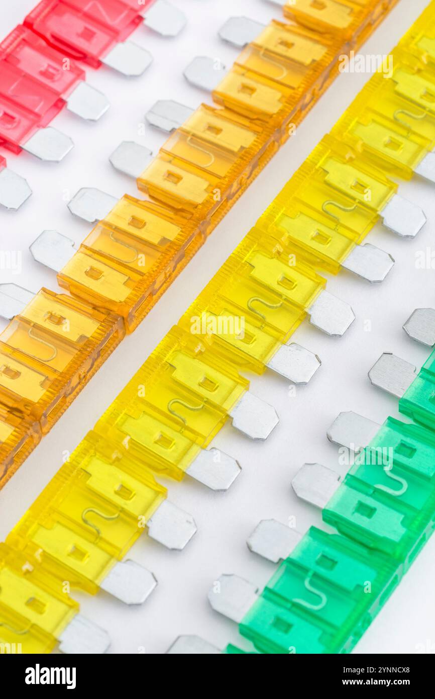 Neatly aligned mass of colourful automotive plug-in car fuses in their ...