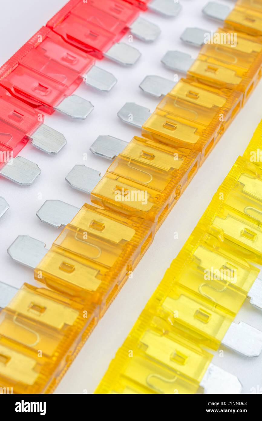 Neatly aligned mass of colourful automotive plug-in car fuses in their ...